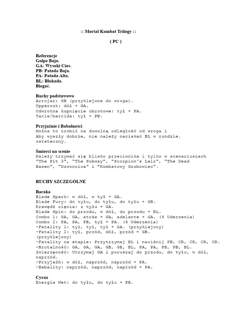 Mortal Kombat Trilogy (Kody) | PDF