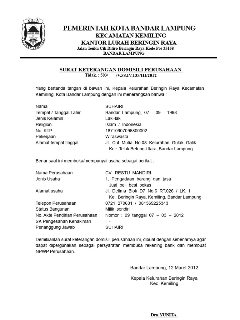 Contoh Surat Keterangan Domisili Perusahaan | PDF
