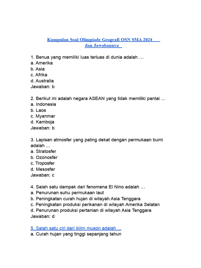 Soal Geografi OSN SMA 2024 dan Jawaban | PDF