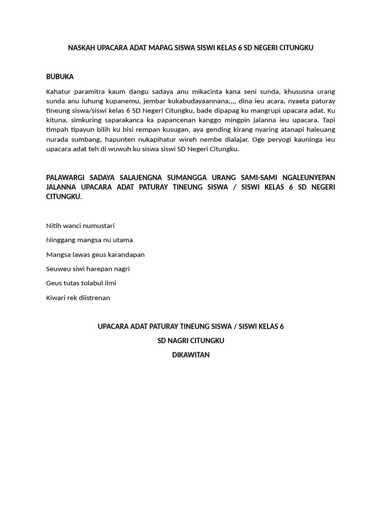 Upacara Adat Mapag Siswa Kelas 6 SD | PDF