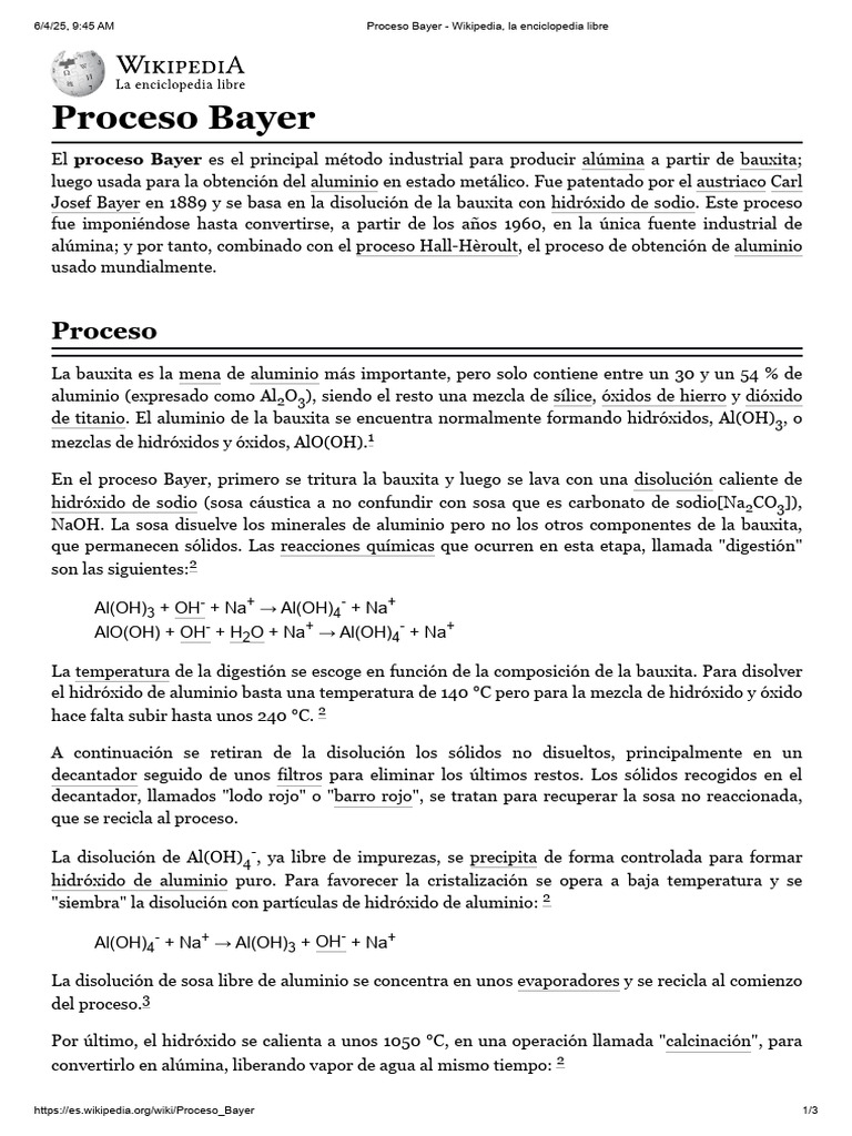 Proceso Bayer - Wikipedia, La Enciclopedia Libre | PDF | Átomos | Química