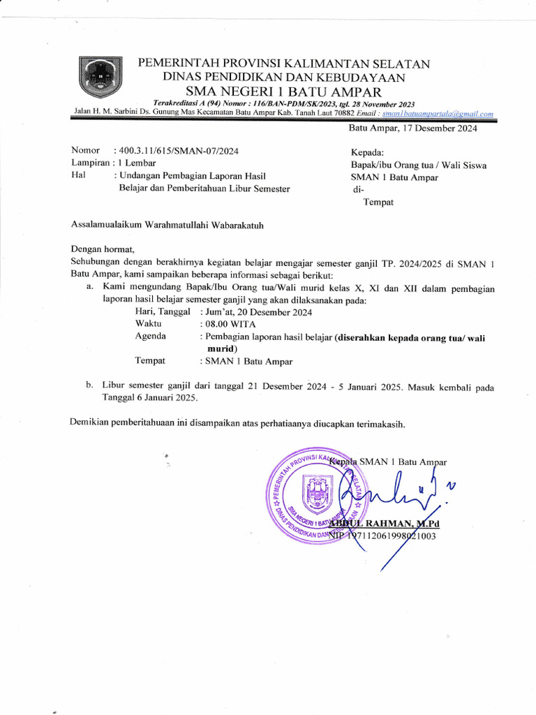 Pengumuman Pengambilan Rapot 20241219 0001 | PDF