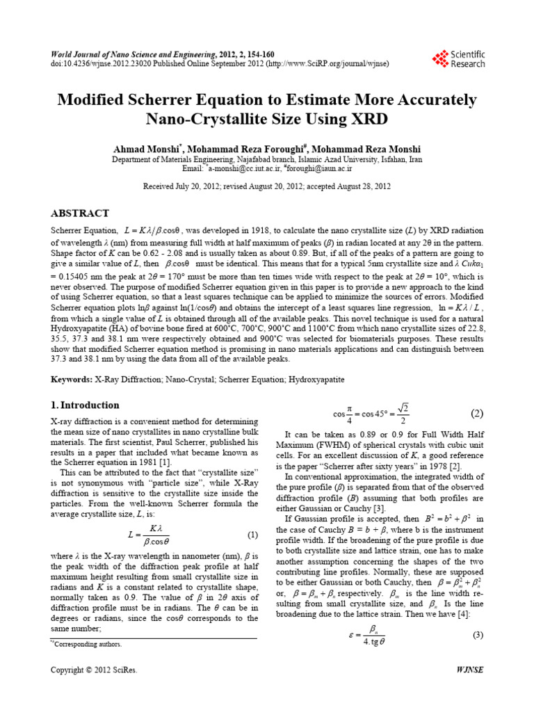 Modified Scherrer Equation for XRD Analysis | PDF | Materials Science ...