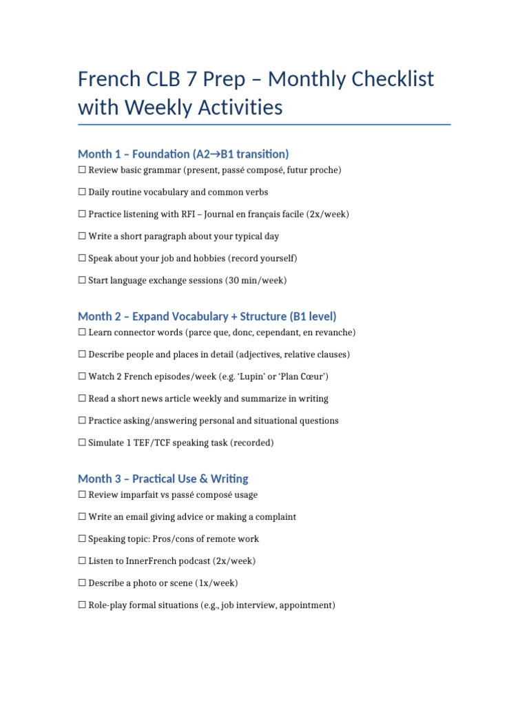 French CLB7 Weekly Checklist | PDF