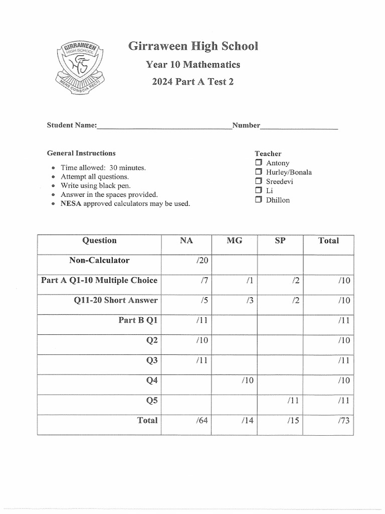 Year 10 Test 2-2024 | PDF