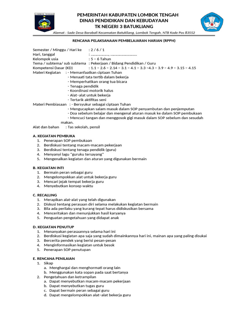 RPPH TK-B SMT2 Minggu_06 - Pekerjaan Bidang Pendidikan Kesehatan | PDF