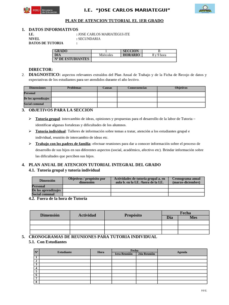 Plan de Atención Tutorial 1er Grado I.E. Mariátegui | PDF