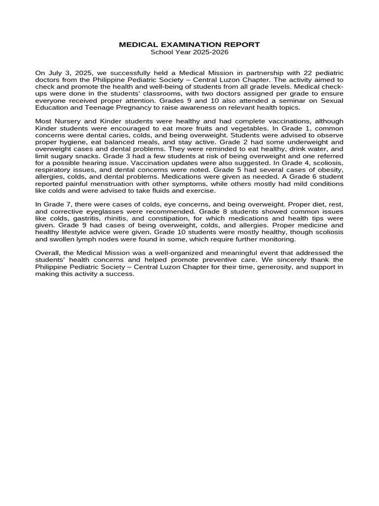 Medical Examination Report SY 2025-2026 | PDF