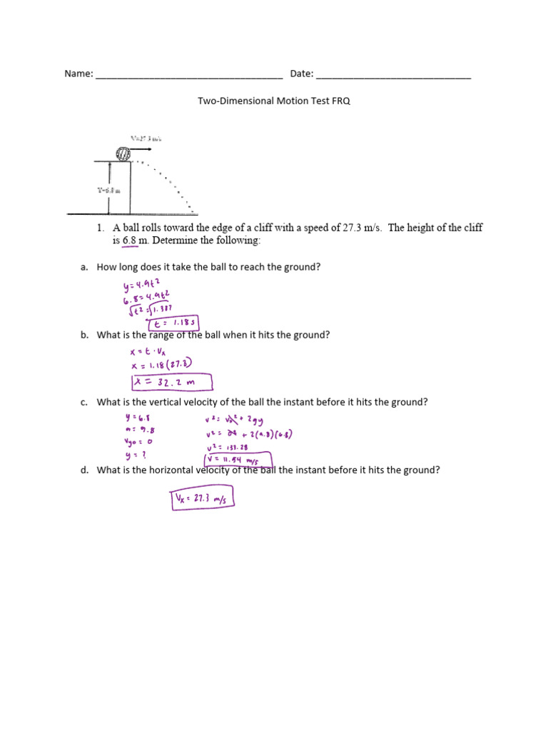 Two Dimensional Motion Test FRQ | PDF | Mechanics | Motion (Physics)