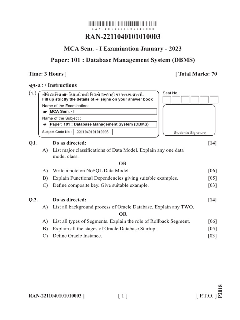 MCA Sem. - I Examination January - 2023 Paper 101 Database Management System (DBMS) | PDF ...