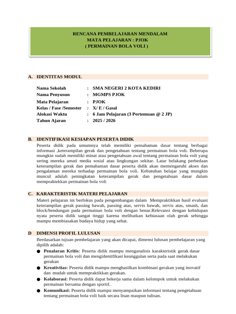 RPP Deep Learning Pjok Voli Kls X Hendra Arya | PDF