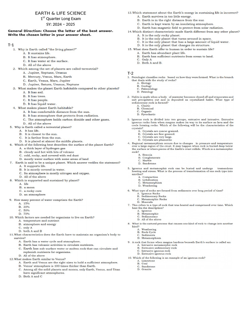EARTH and LIFE SCIENCE Q1 Bring Home EXAM in 1 Whole Paper | PDF