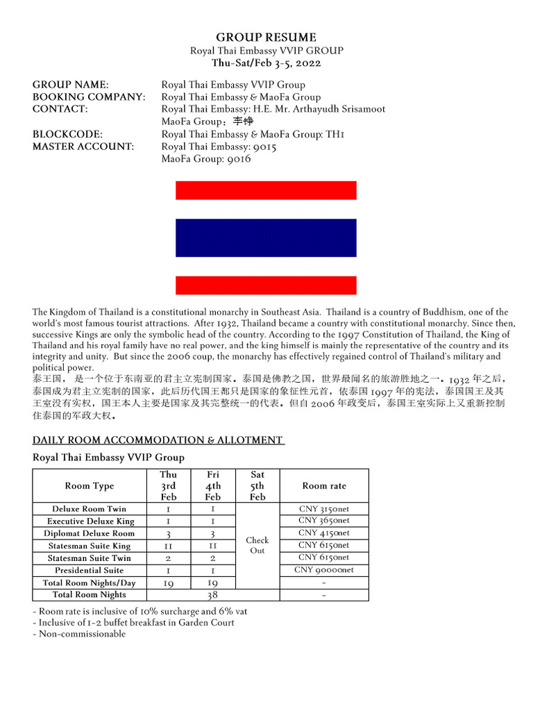 Group Resume - Royal Thai Embassy VVIP Group - Feb.03-Feb.05.2022 | PDF