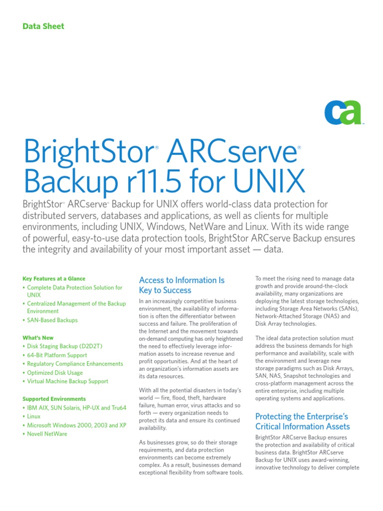 Brightstor Arcserve Backup R11.5 For Unix: Data Sheet | PDF | Backup | Unix