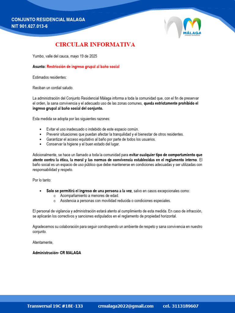 Circular Uso Baño Social Malaga | PDF