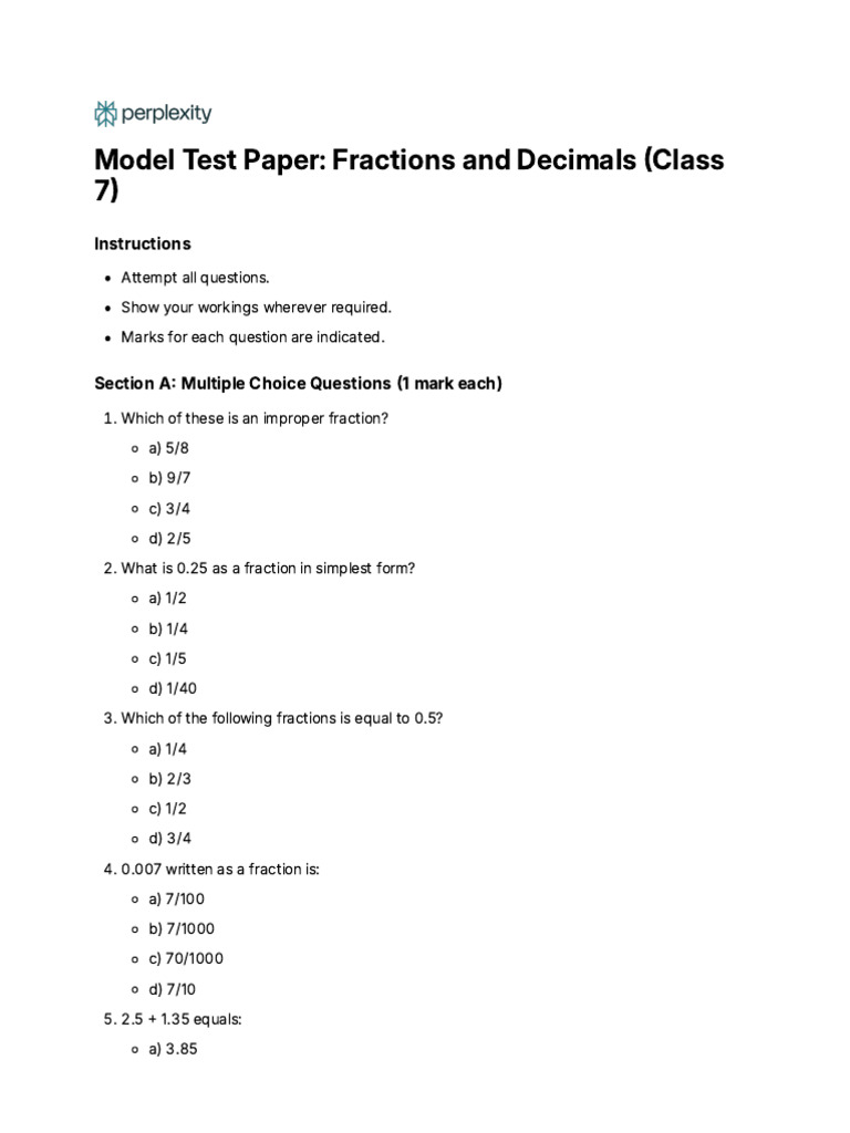 Class 7 Fractions and Decimals Test Paper | PDF | Odds | Decimal