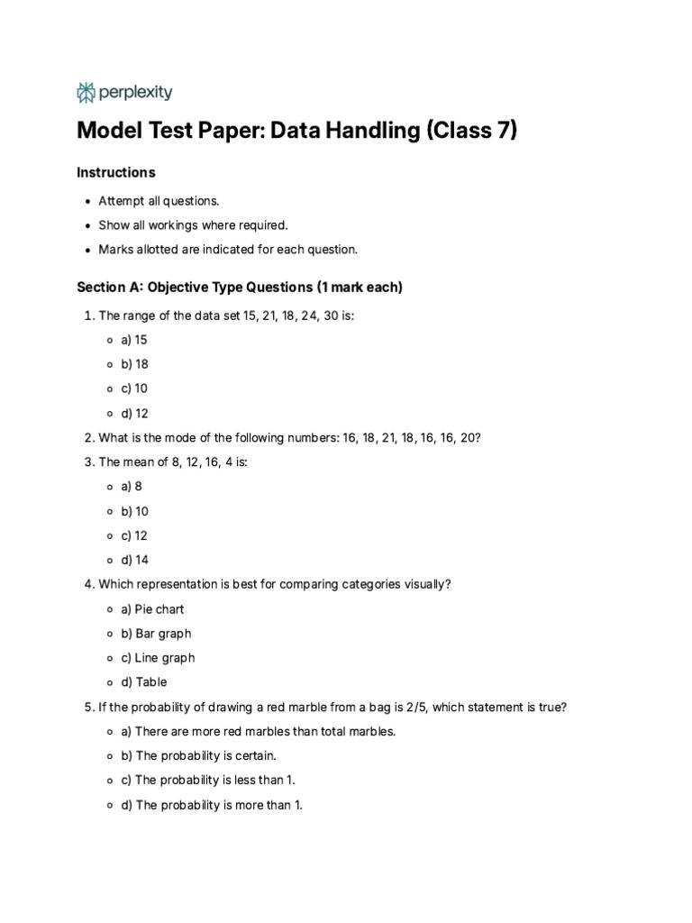 Class 7 Data Handling Test Paper | PDF | Mean | Median