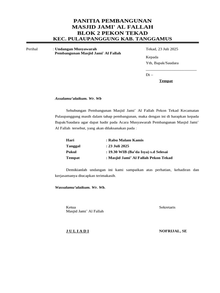 Undangan PEMBANGUNAN Masjid Jami Al Falah Tekad | PDF