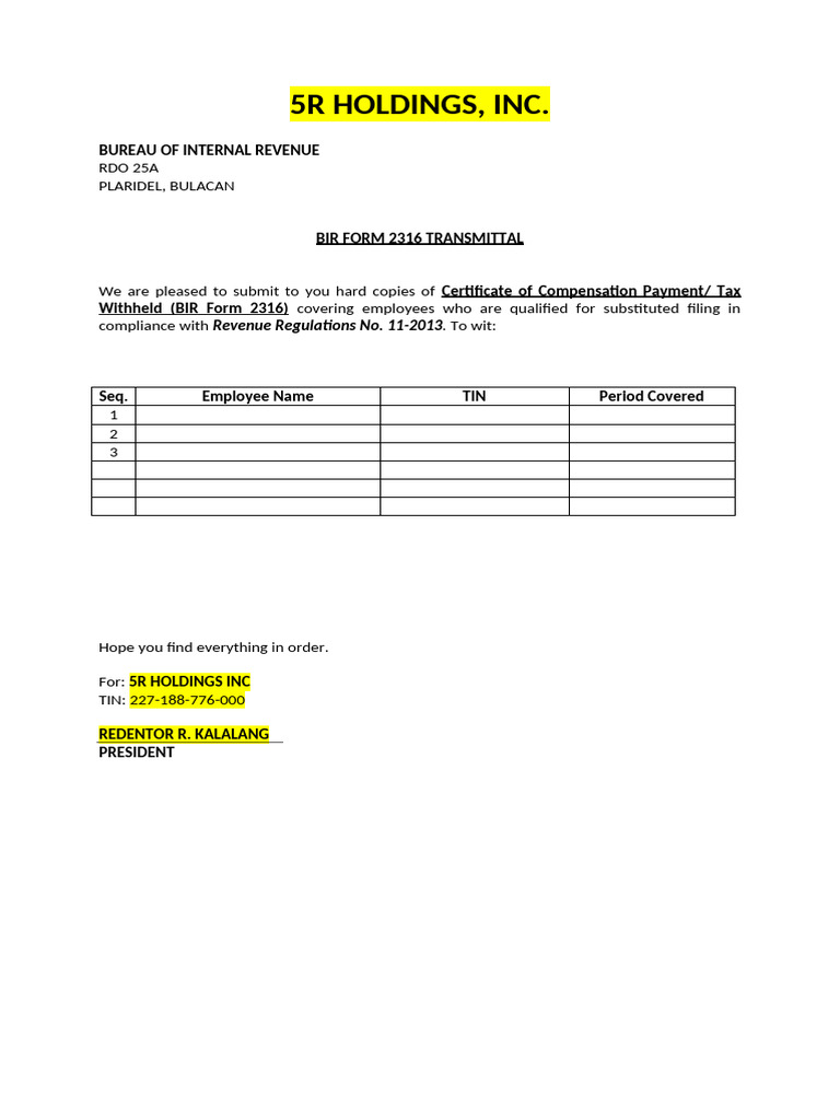 BIR Form 2316 Submission for 5R Holdings | PDF