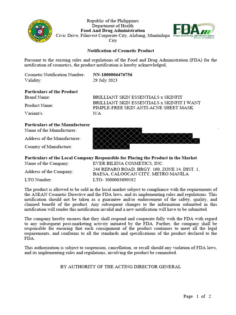 FDA Notification: Brilliant Skin Essentials Mask | PDF | Food And Drug ...
