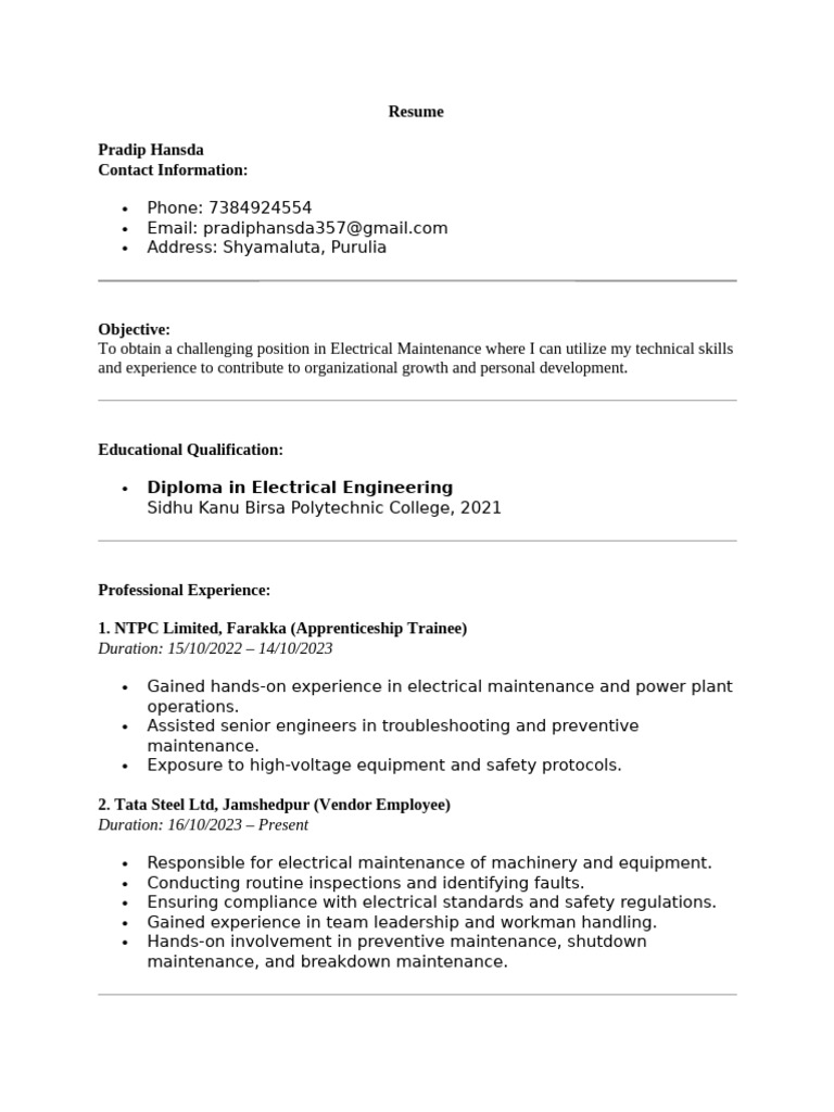 Electrical Engineering Graduate Resume | PDF