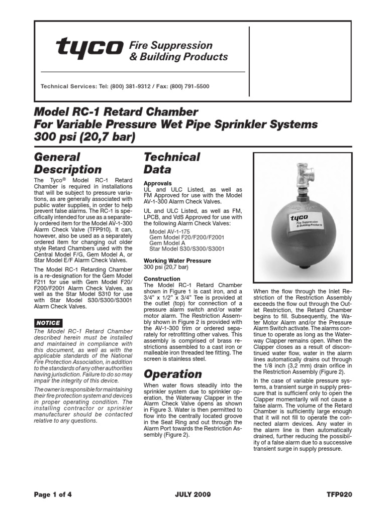 Tyco RC-1 Retard Chamber Overview | PDF | Valve | Fire Sprinkler System
