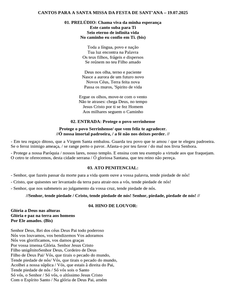 Cantos para a Missa de Sant'Ana 2025 | PDF | Espiritualidade | Crença e ...