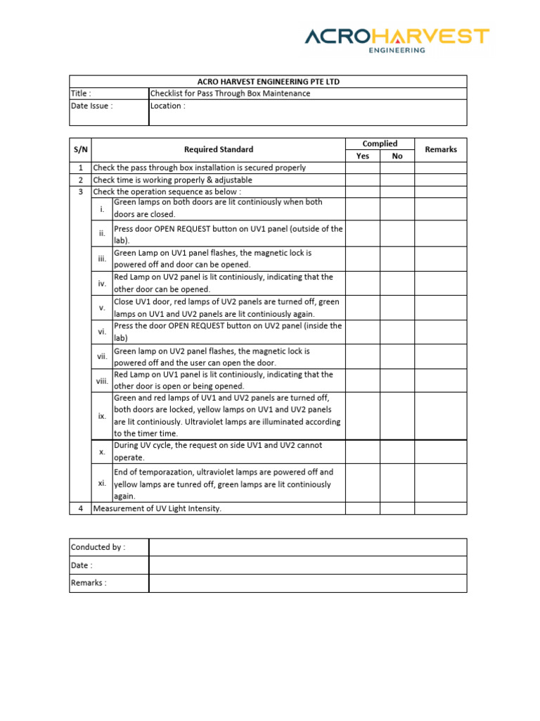 Pass Through Box Maintenance Checklist | PDF