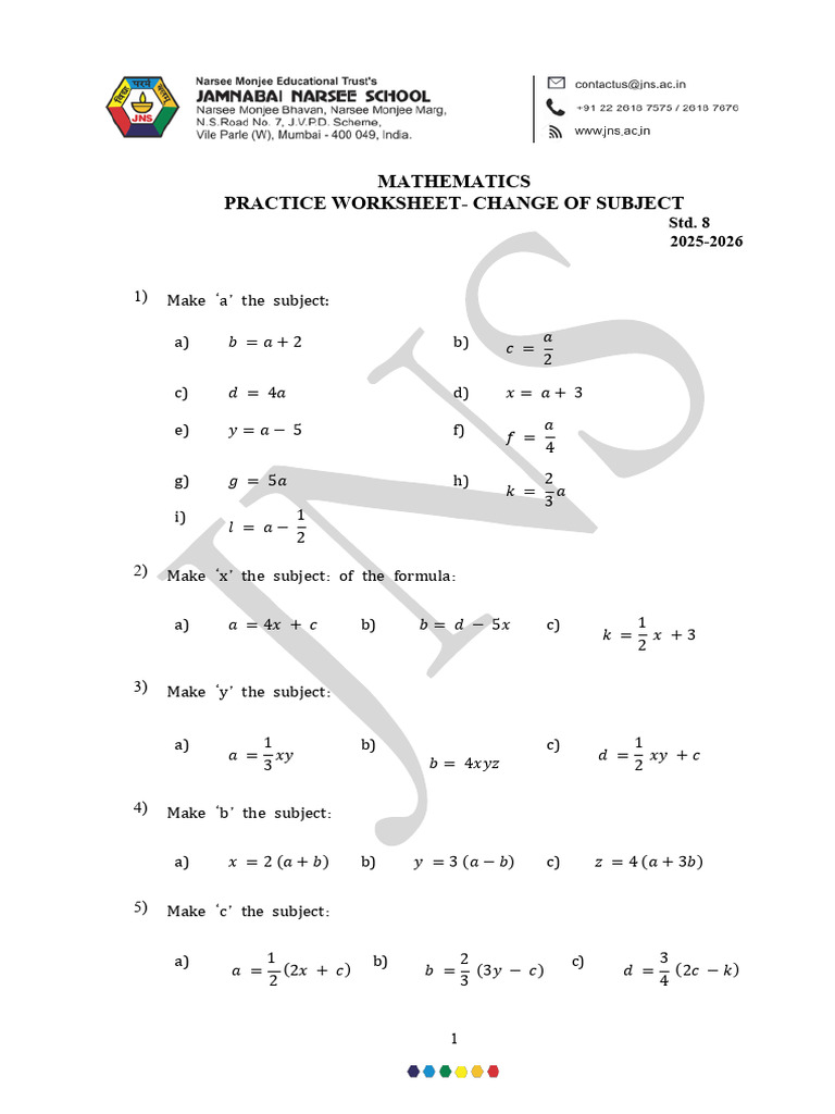 Change of Subject Worksheet for Std. 8 | PDF | Mathematics