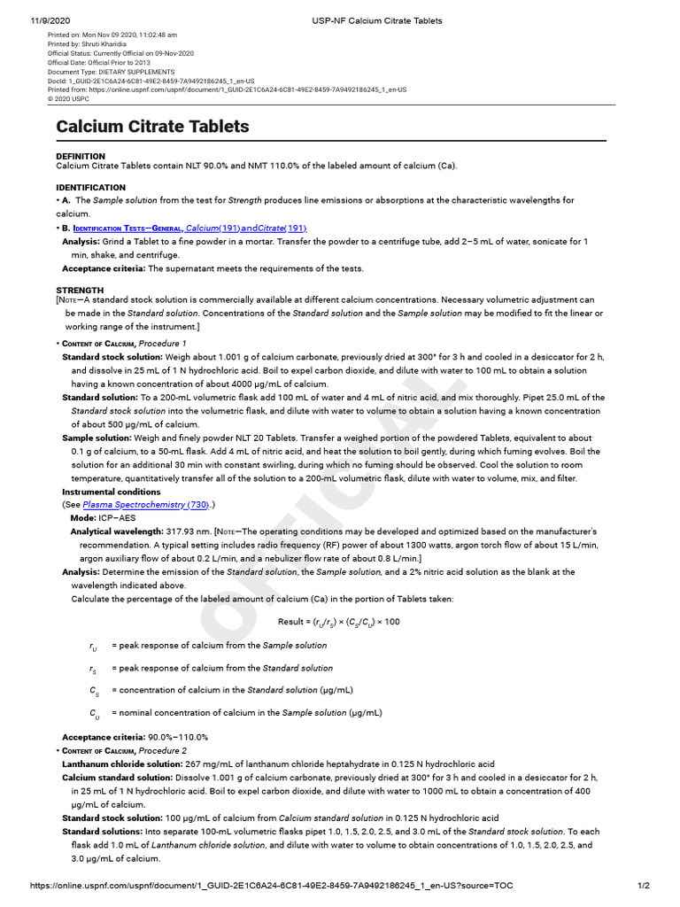 USP Calcium Citrate Tablets Monograph | PDF | Calcium | Acid