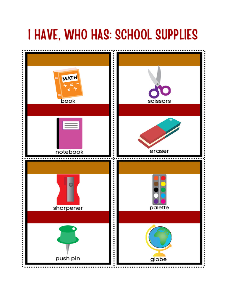 I Have Who Has GAME CARDS For ESL Learners - School Supplies | PDF