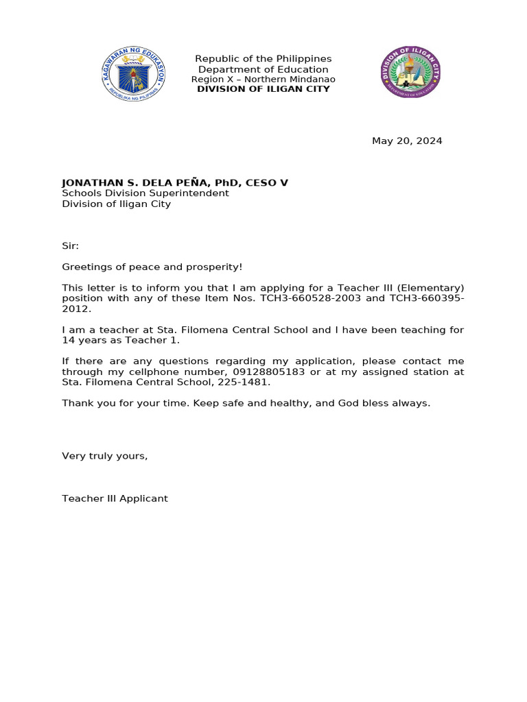 Teacher III Promotion Application Letter | PDF