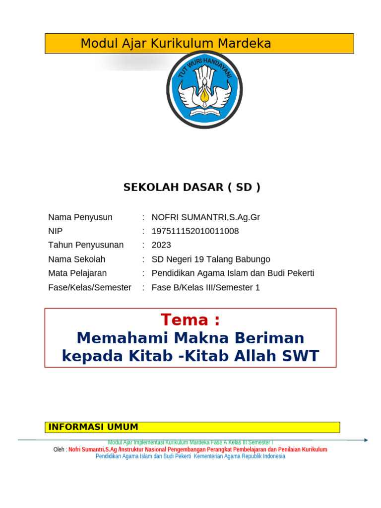 Modul Ajar Kelas 3 Bab 7 Memahami Makna Dan Nama Nama Kitab Suci Yang Wajib Diimani Dan Rasul ...