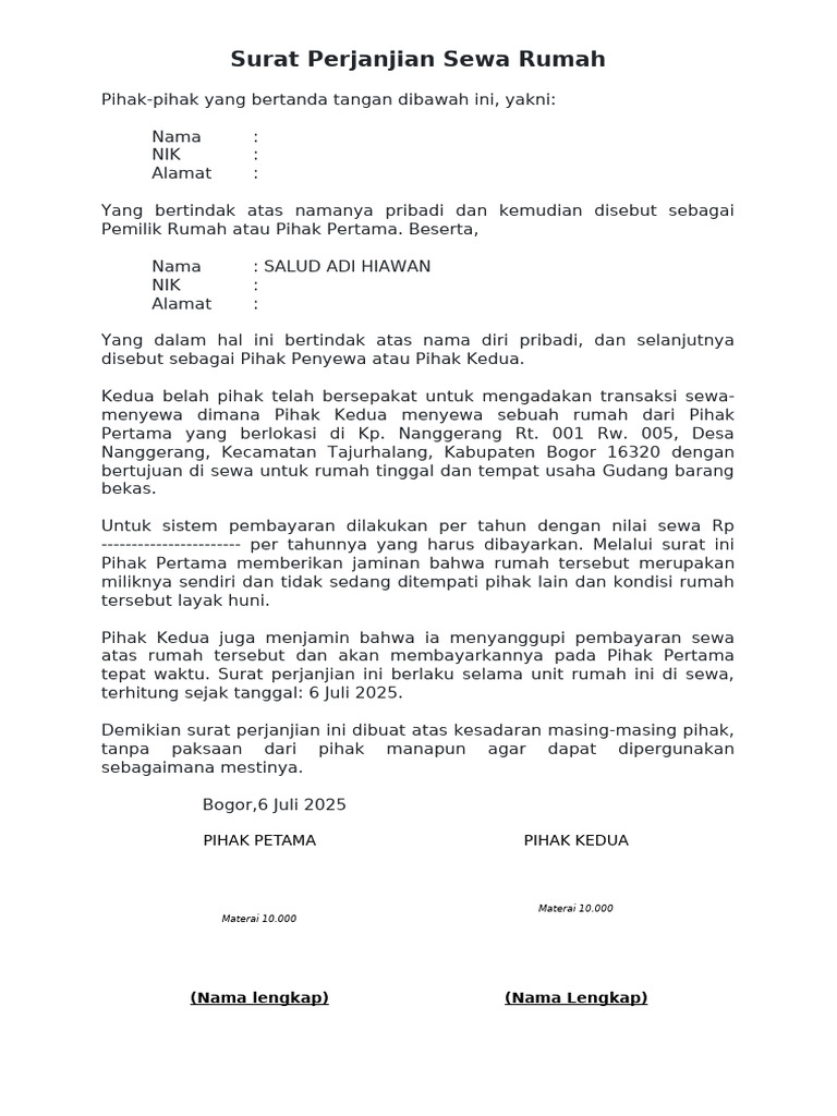 Surat Perjanjian Sewa Rumah | PDF