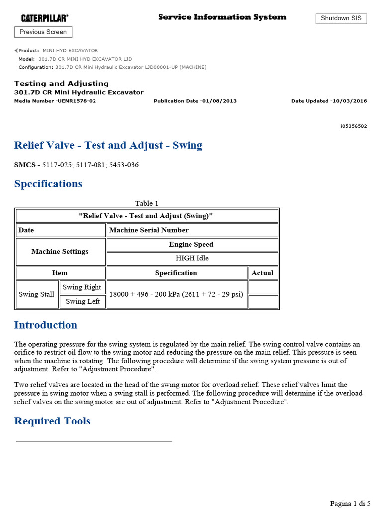 CAT Mini Excavator Relief Valve - Test and Adjust - Swing | PDF
