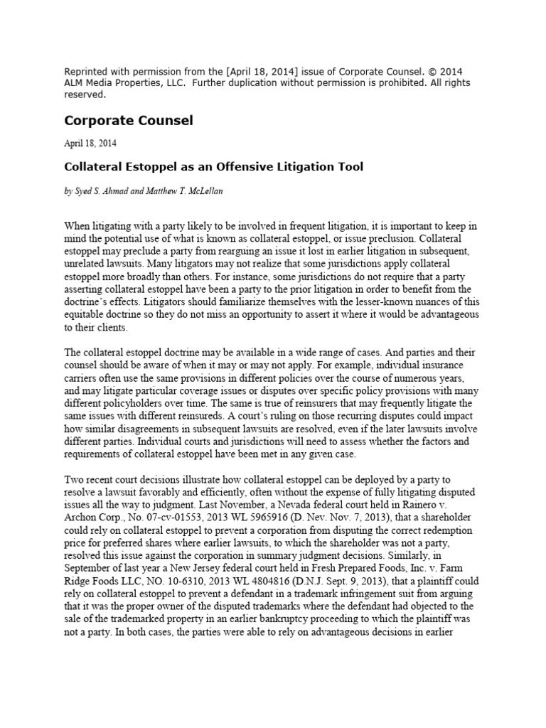 Collateral Estoppel As An Offensive Litigation Tool | PDF | Collateral ...