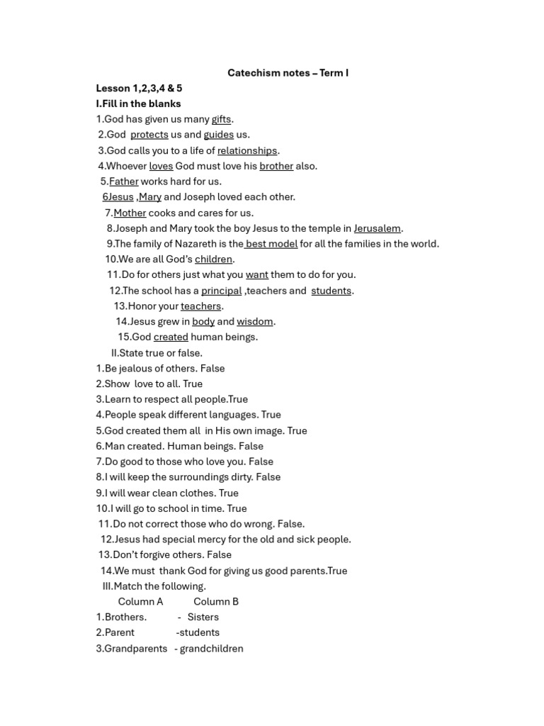 Term I Catechism Notes and Activities | PDF