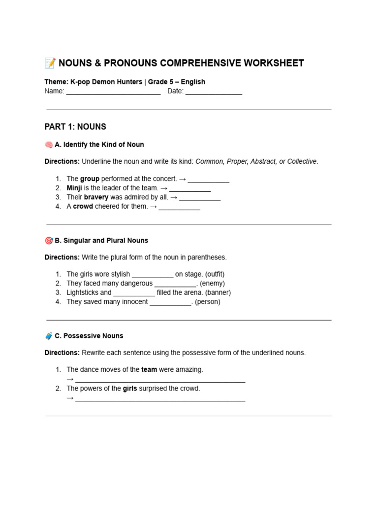 ? Nouns & Pronouns Comprehensive Worksheet | PDF | Pronoun | Noun
