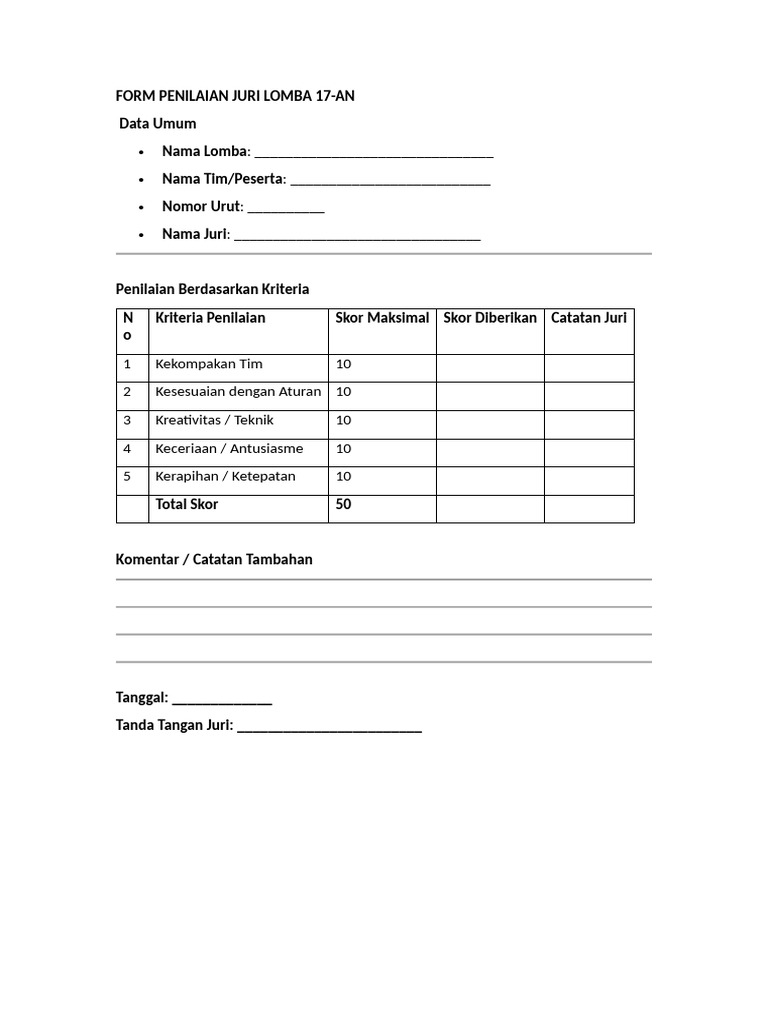 Form Penilaian Juri Lomba | PDF