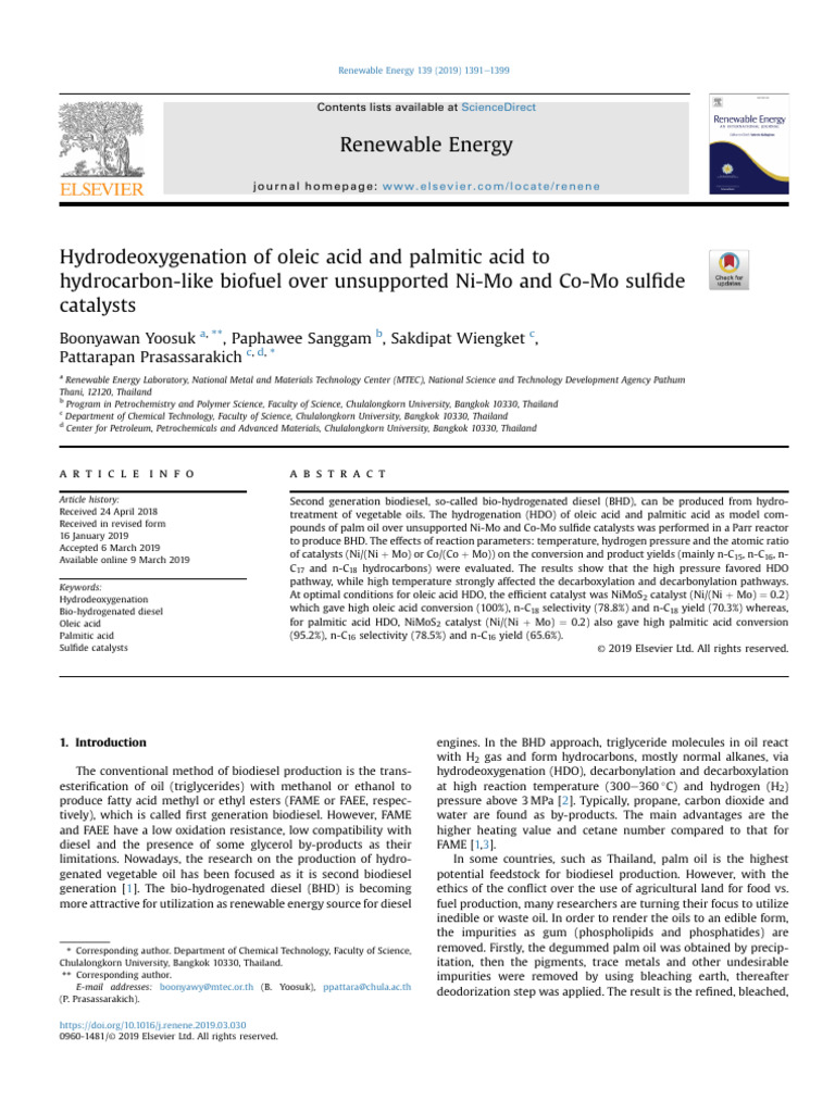 Hydrodeoxygenation of Fatty Acids for Biofuel | PDF | Biodiesel ...