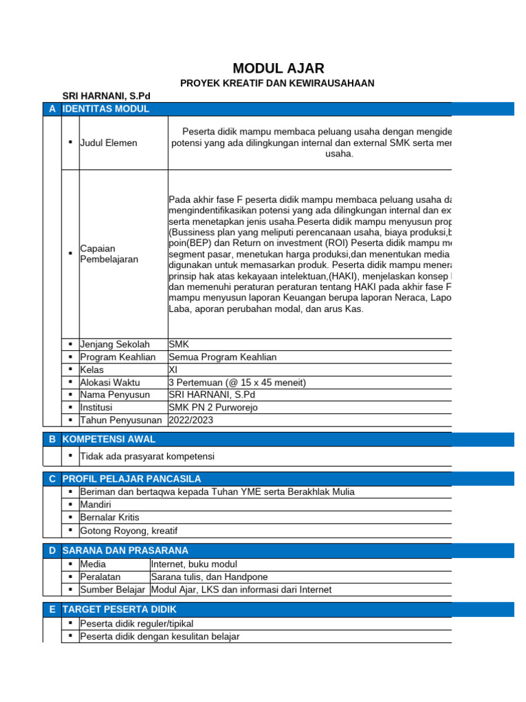 Modul Ajar Gasal Mapel PKK 2023 | PDF
