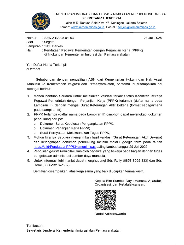 Surat Permohonan Pengumpulan Data PPPK Kemenimipas - V2 | PDF