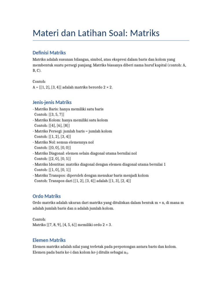 Materi Matriks Dan Latihan Soal Revisi | PDF