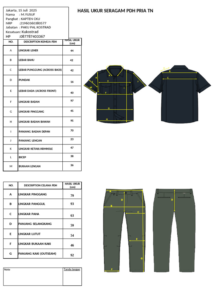 Form Ukur Seragam PDH Pria Tni Kapten Yusuf | PDF
