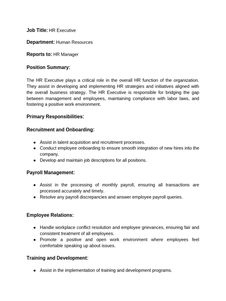 HR Executive Job Description Overview | PDF