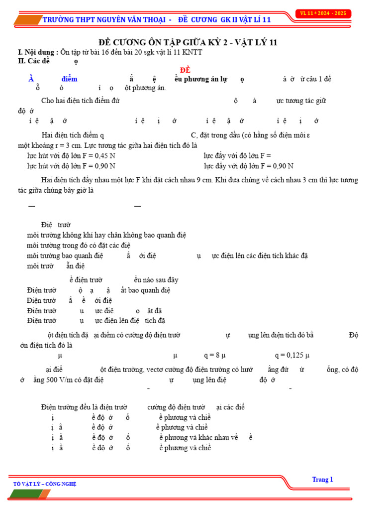 Đề Cương GK Ii VL 11 (24-25 NVT - HS) | PDF