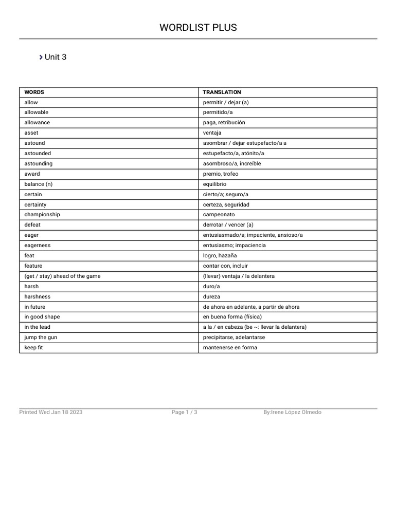 Vocabulary Unit 3 | PDF