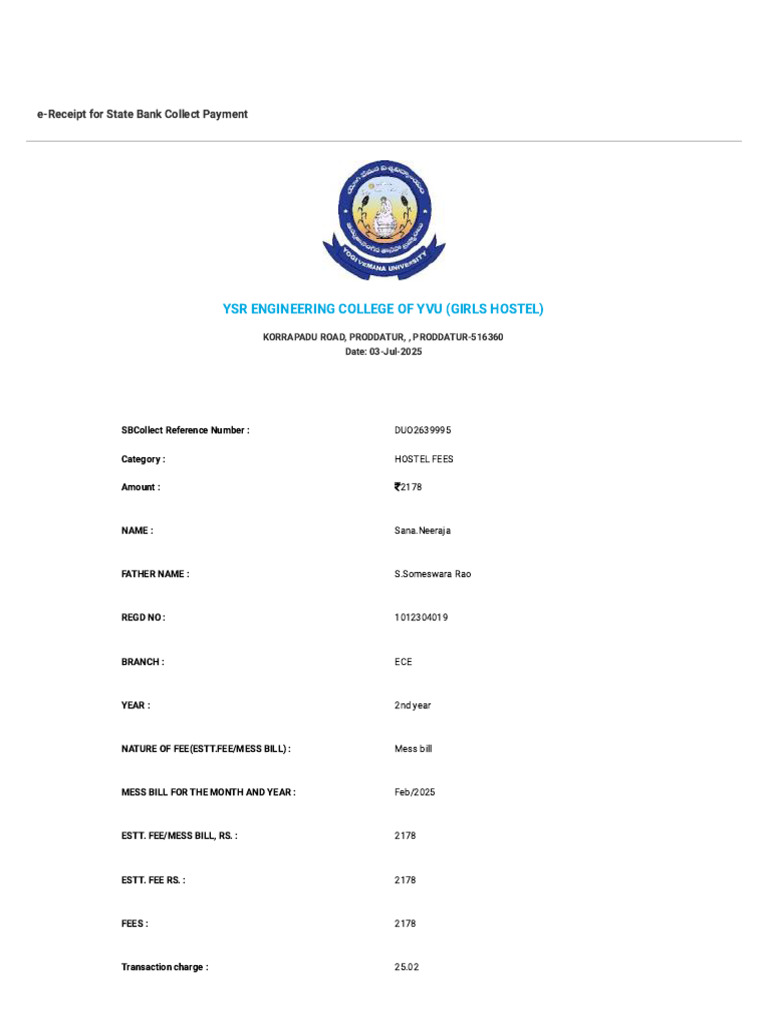 YSR Engineering College Hostel Fee Receipt | PDF