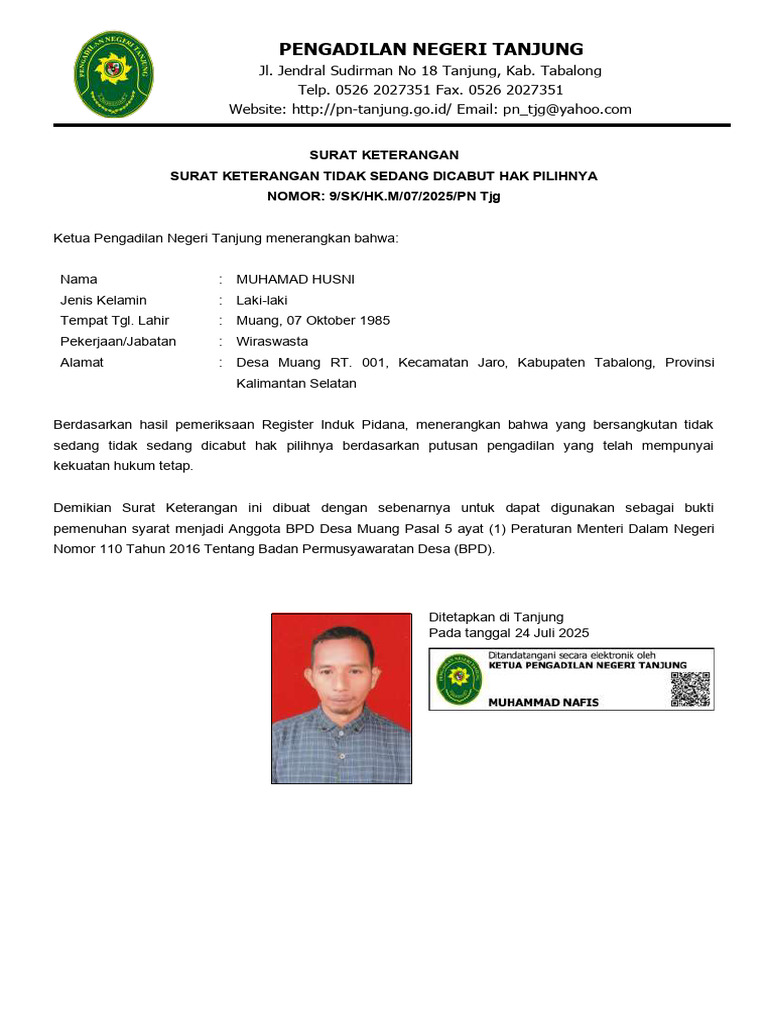 Surat Keterangan Hak Pilih Muhamad Husni | PDF