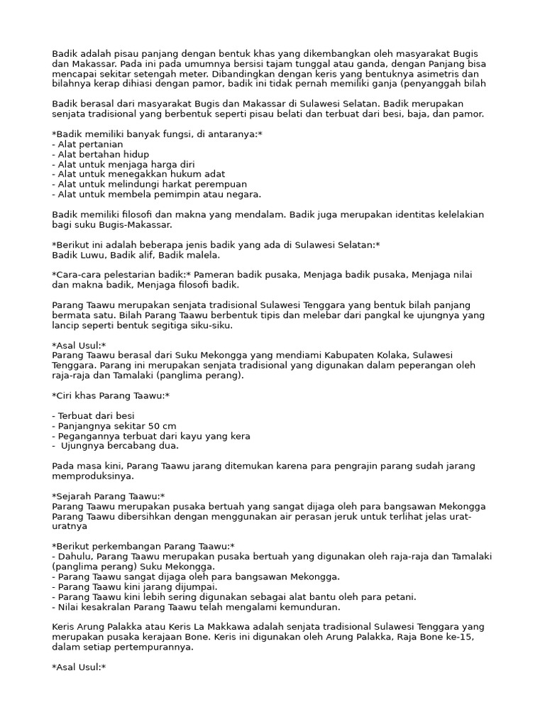 Senjata Tradisional Sulawesi: Badik dan Parang | PDF